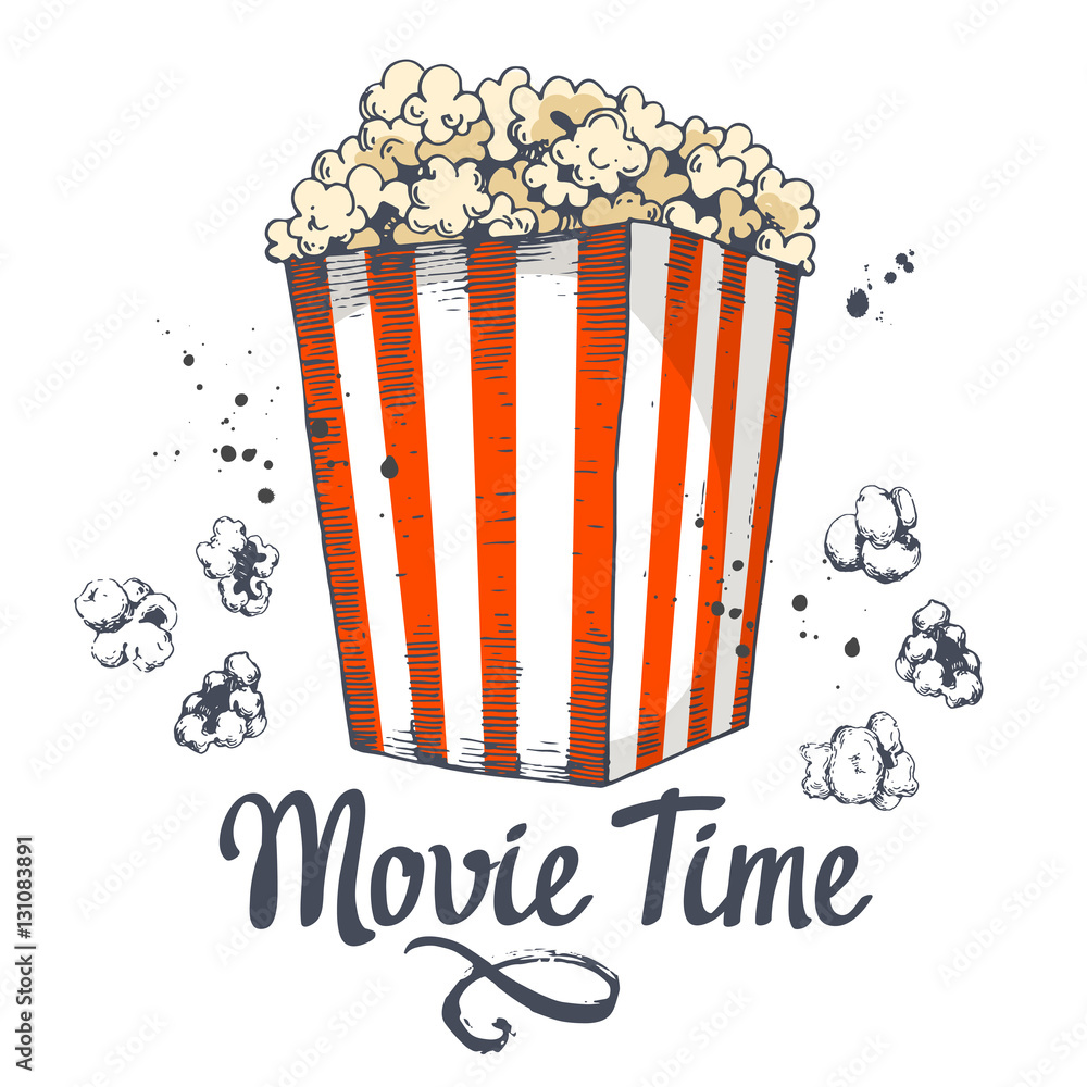 Vector illustration with sketch popcorn bucket. Cinema snack. Hand ...
