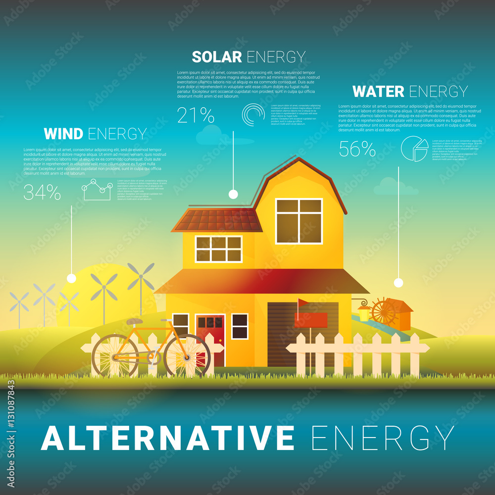 Alternative energy types - solar, wind, water. Flat vector illustration ...