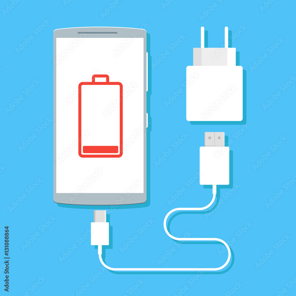 Flat vector image of phone, cable and charger Stock Vector | Adobe Stock