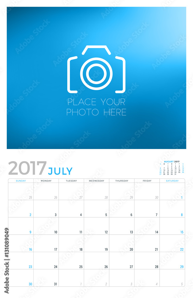 2017 Wall Calendar Planner Vector Design Template. July. Week Starts ...