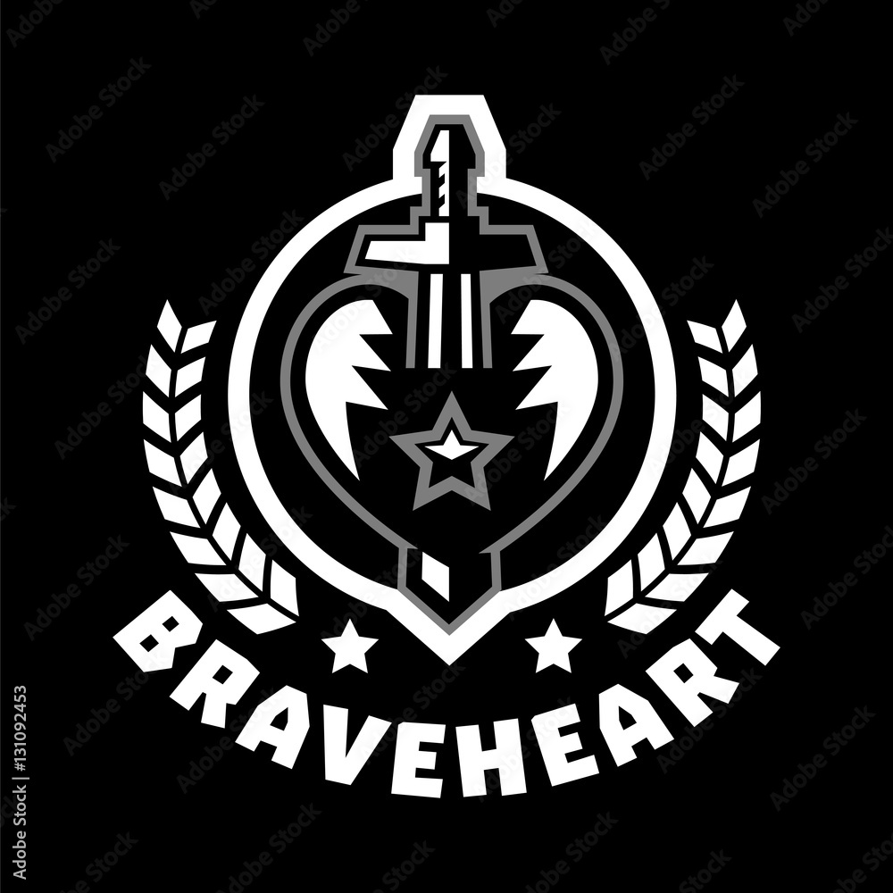 Logo brave heart. The sword piercing the heart, surrounded by a wreath ...