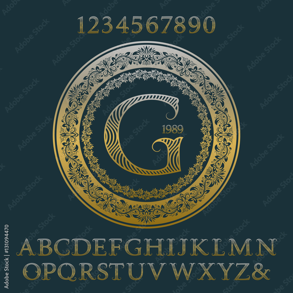 Wavy patterned gold letters and numbers with initial monogram. Elegant ...