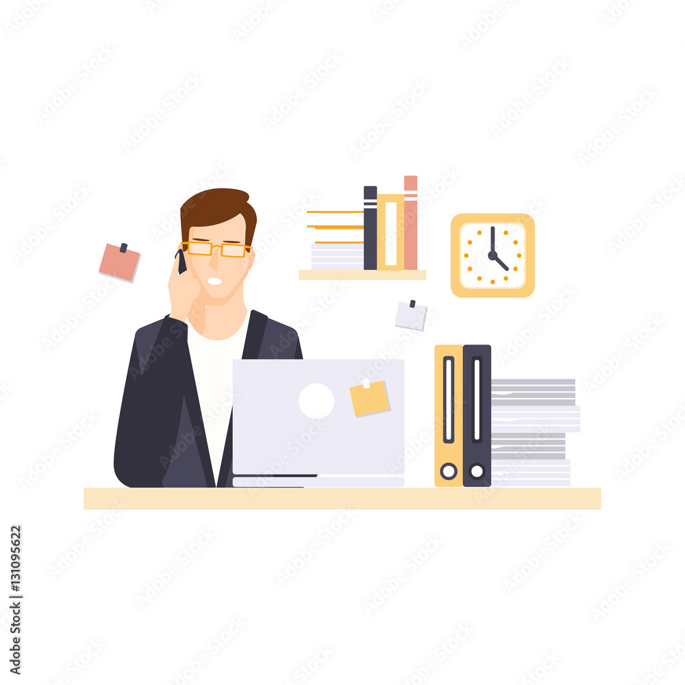 Busy Man Office Worker In Office Cubicle Having His Daily Routine ...