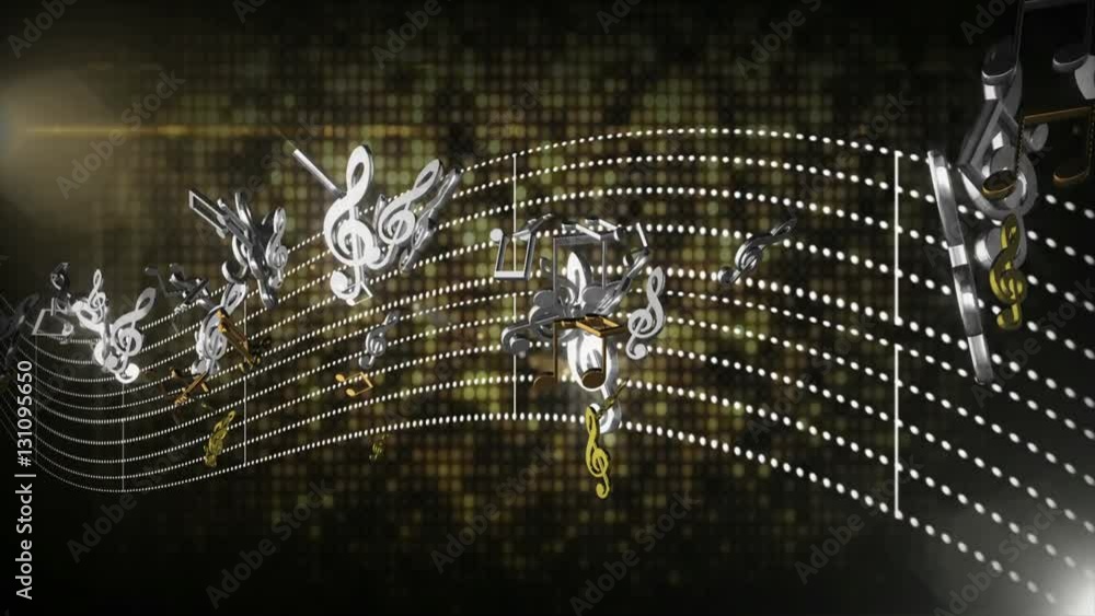 3d seamless music notes flowing with abstract line tune on black ...