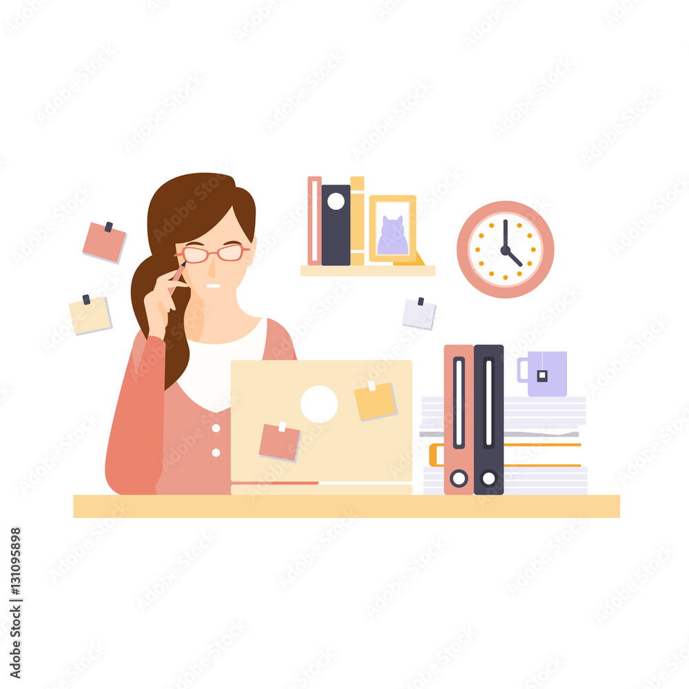 Thinking Woman Office Worker In Office Cubicle Having Her Daily Routine ...
