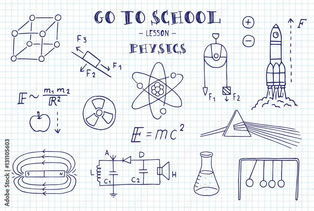 Physics. Hand sketches on the theme of Physics. Note book page paper ...