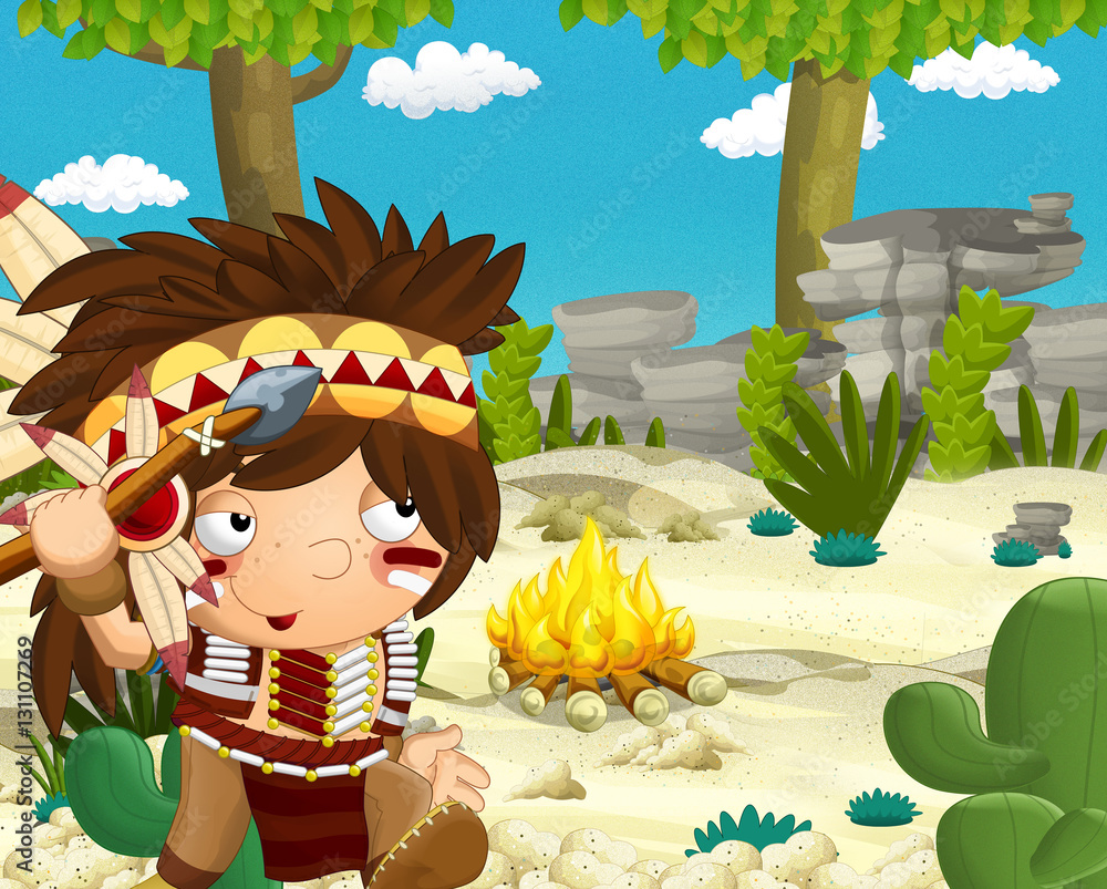 Cartoon happy and funny wilderness scene with fire in the middle ...