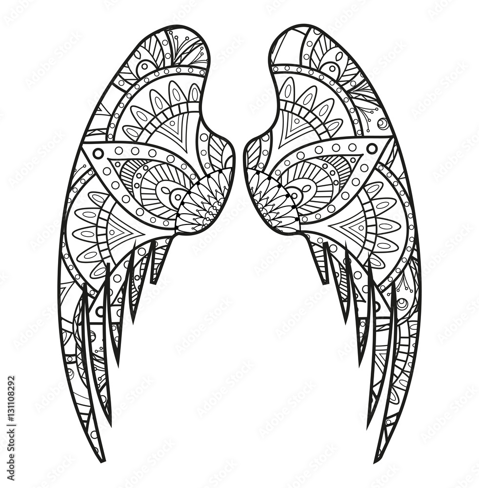 Vector illustration of black and white mandala wings for coloring book ...