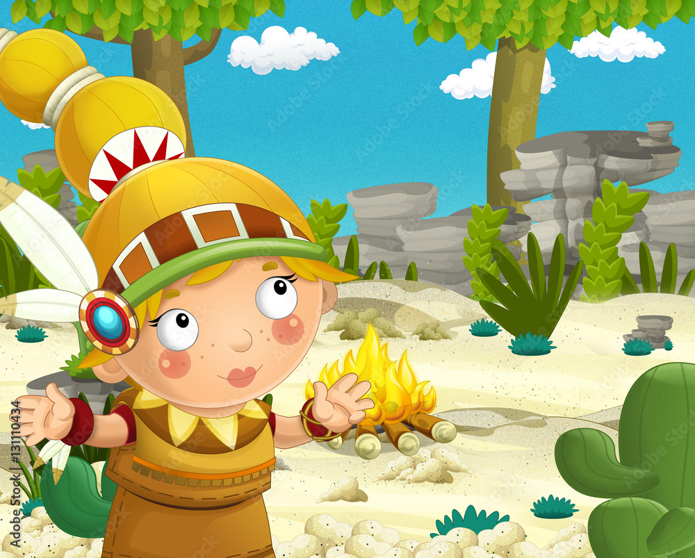 Cartoon happy and funny wilderness scene with fire in the middle ...