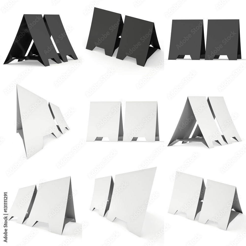 Two blank paper tent cards set. 3d render illustration isolated. Table ...