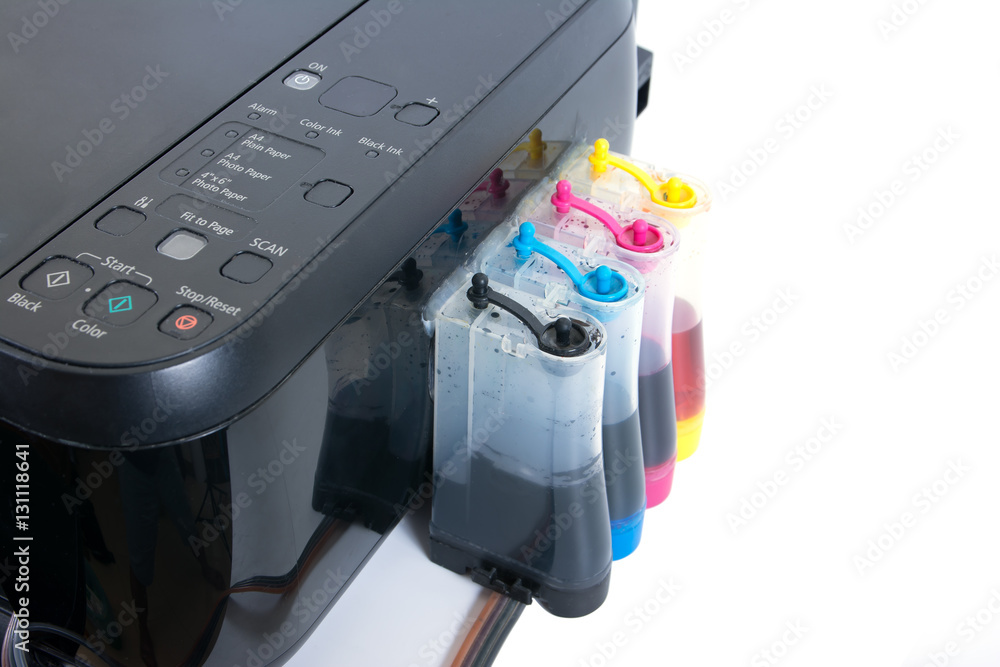 Setting up modified ink tank for inkjet printer.Printer color in Stock ...