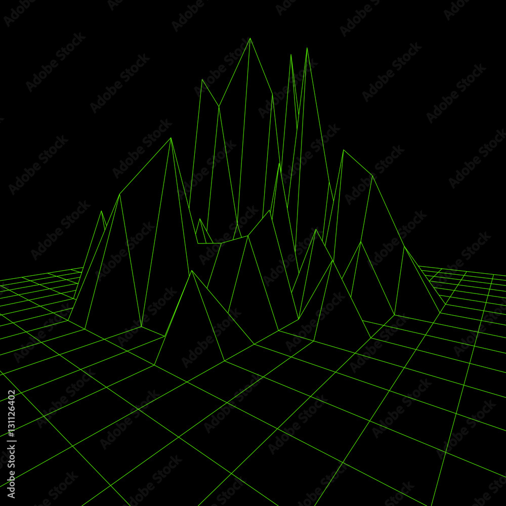 Virtual 3D wire-frame landscape. Vintage computer generated. Vector ...