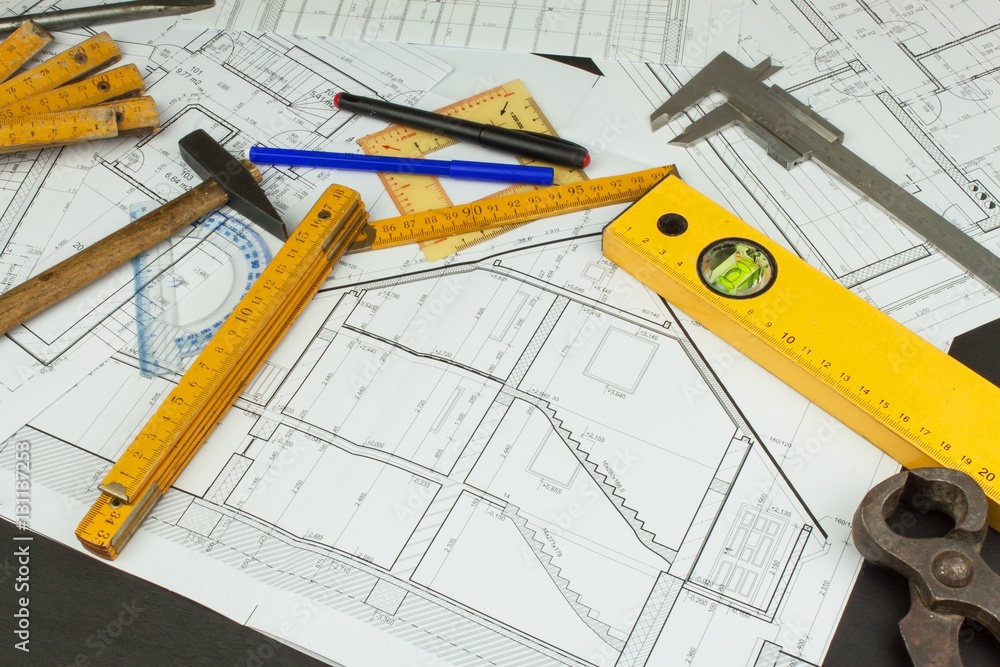 Desk project supervisor. Plans of building. Architectural project ...