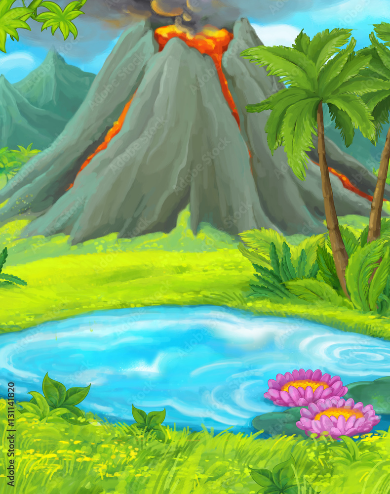 Cartoon nature scene with pond near the jungle - active volcano in the ...