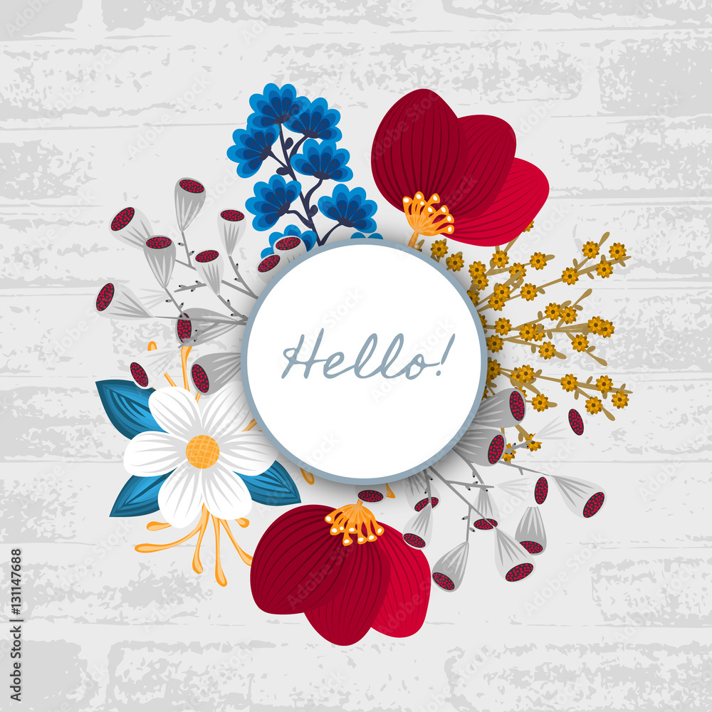 Floral round frame. Hand drawn flowers around circle. Colorful ...