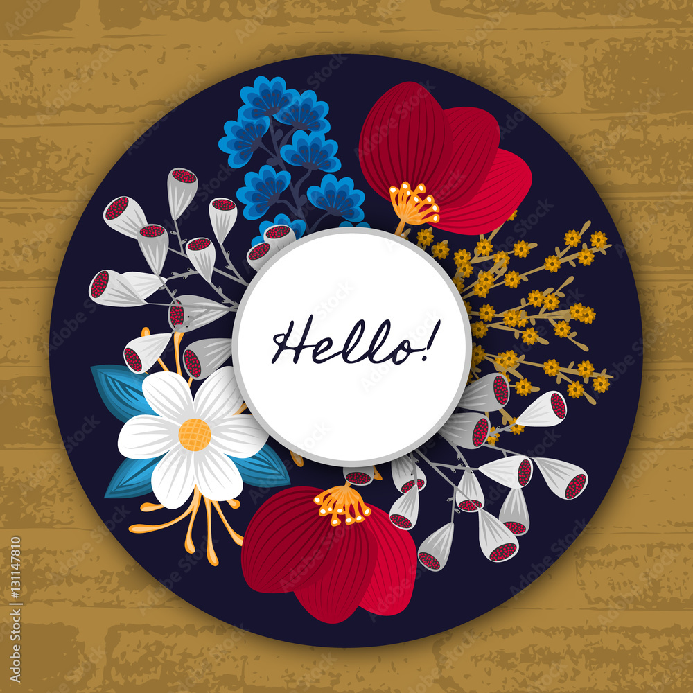 Floral round frame. Hand drawn flowers around circle. Colorful ...