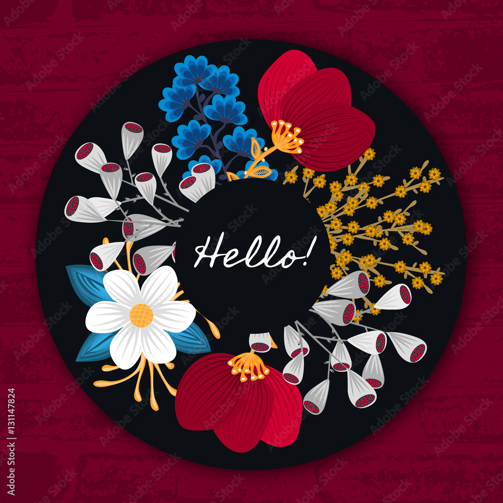 Floral round frame. Hand drawn flowers around circle. Colorful ...