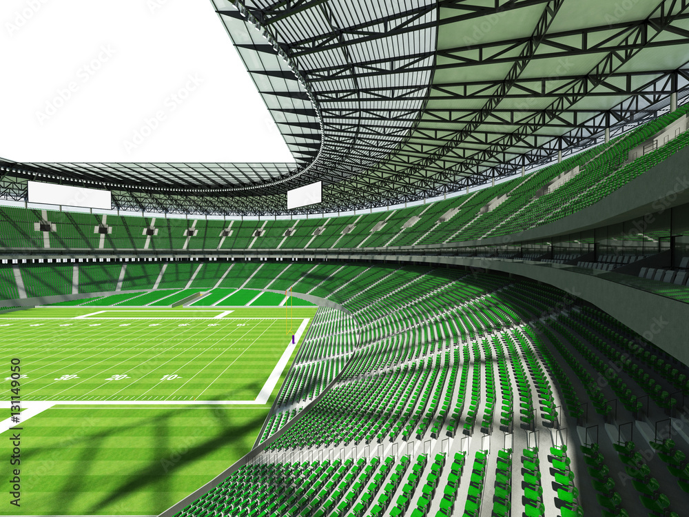 3D render of a round football stadium with green seats for hundred ...