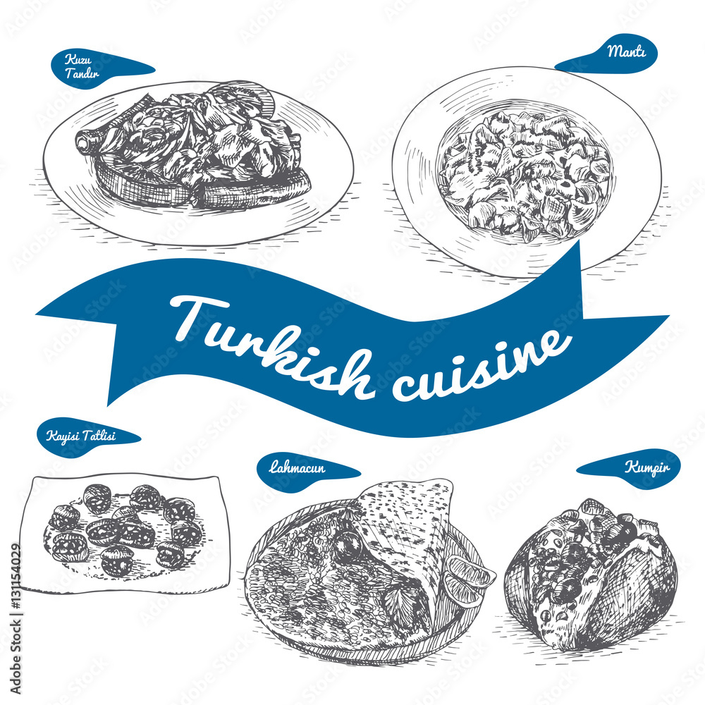 Monochrome vector illustration of Turkish cuisine Stock Vector | Adobe ...