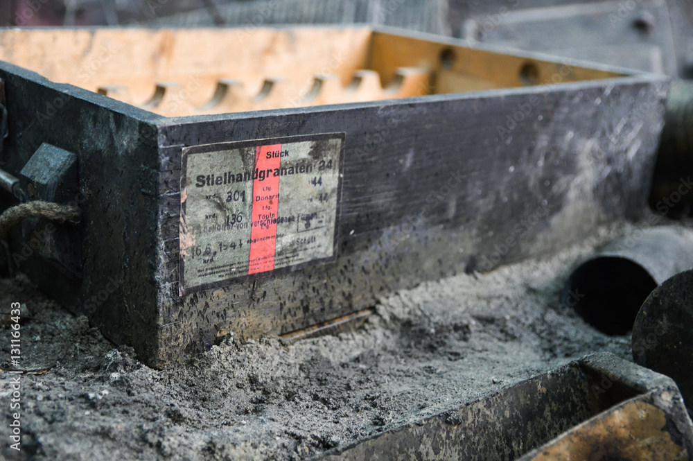 Historical reconstruction. Box of the German hand grenades Model 24 ...