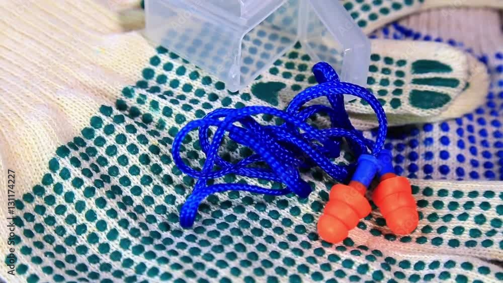 Thin work gloves with green pimples and ear plugs on a rotating surface ...