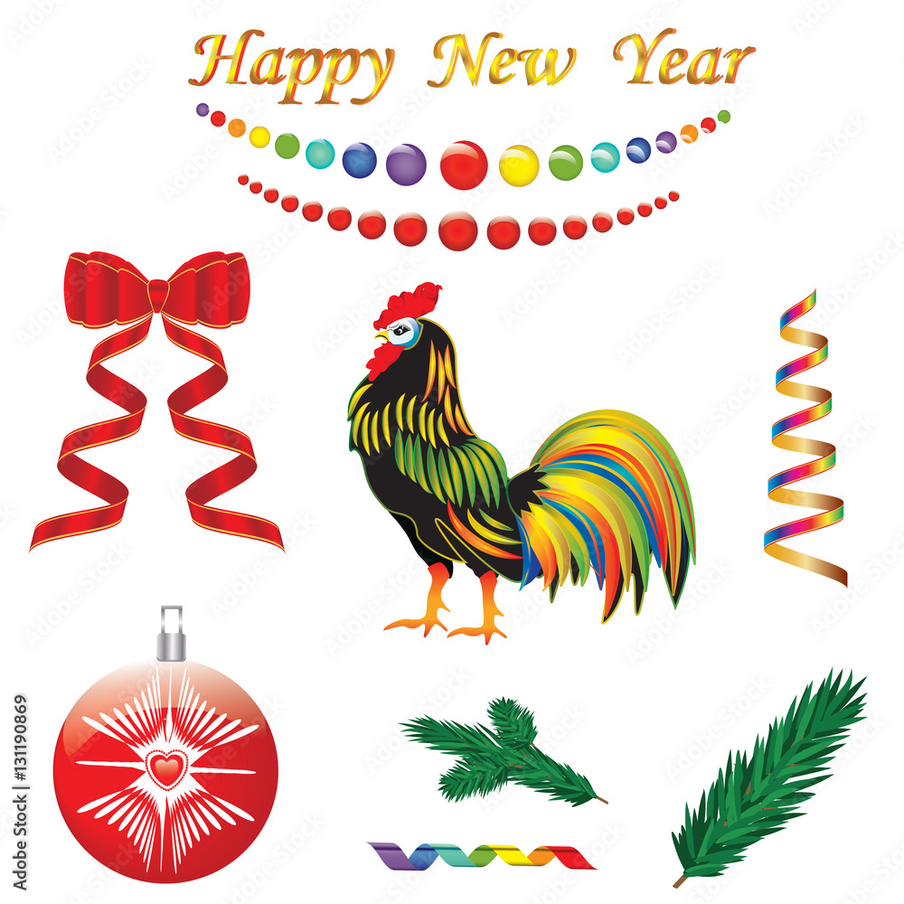 set of colorful decorations festive New Year symbol Rooster Serpentine ...