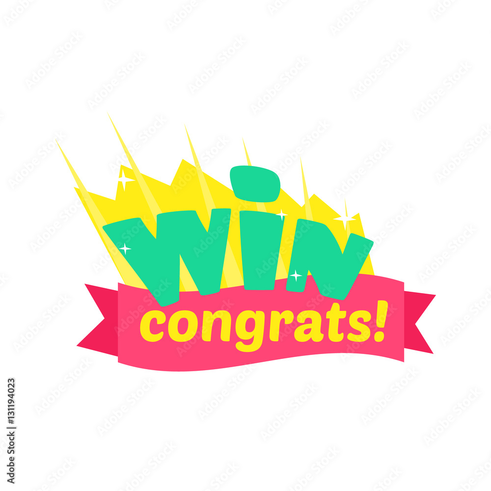 Win Congratulations Sticker Design With Green Letters And Red Ribbon ...