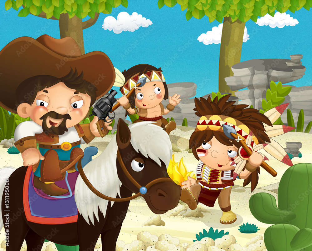 Cartoon indian characters near the fire in the wilderness - cowboy on ...