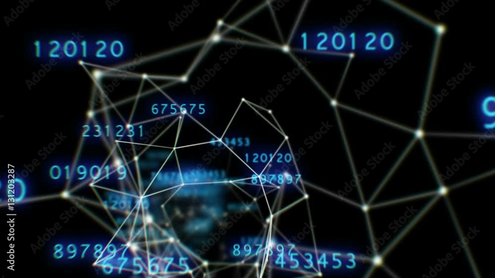 Beautiful Flight Through the Digital Tunnel with Numbers. Lines and Points. Abstract Space ...