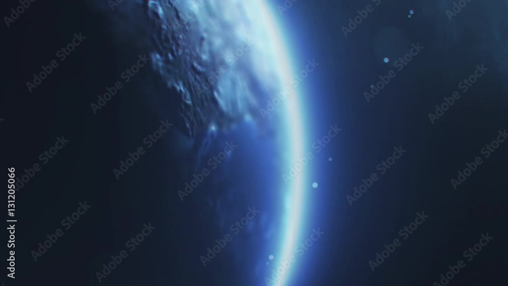 3D animation of earth planet with glowing horizon rotating in universe ...