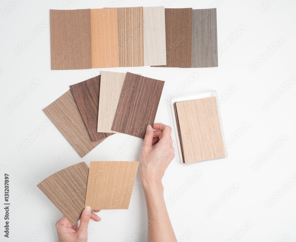 Samples of veneer wood on white background. interior design select ...