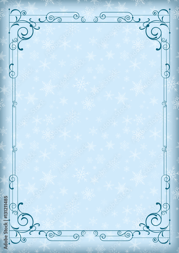 Whimsical blue rectangular frame and winter background with snowflakes ...