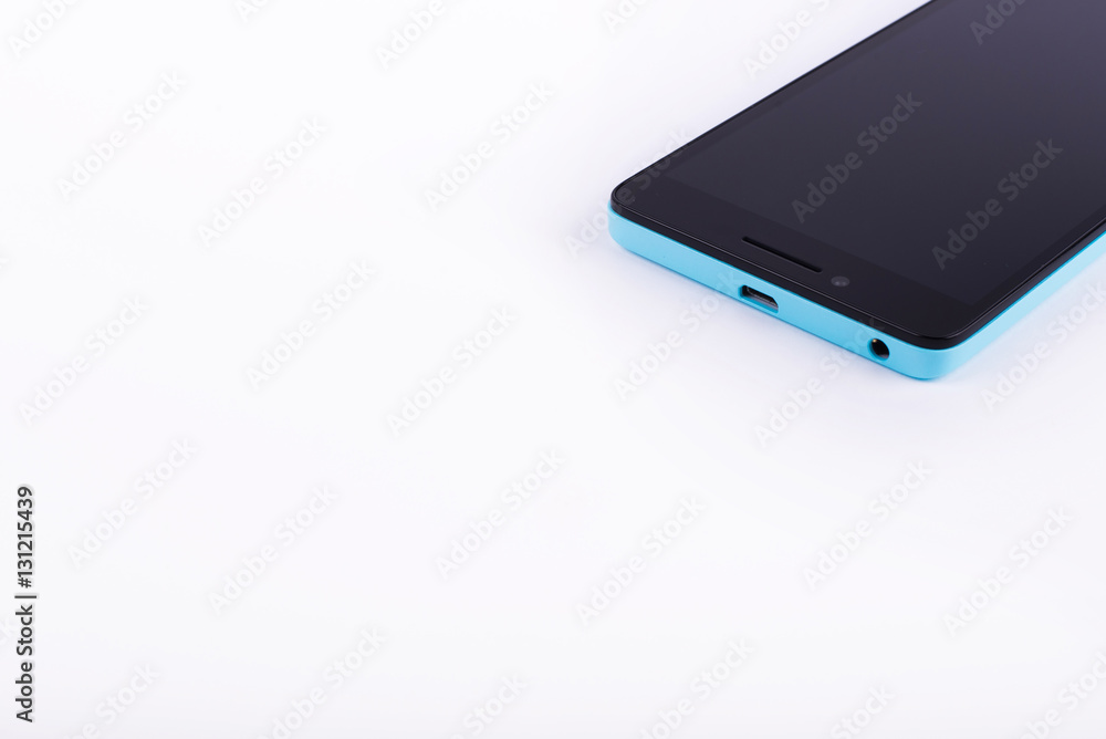 Front view of a rotated at a slight angle blue modern mobile smart ...