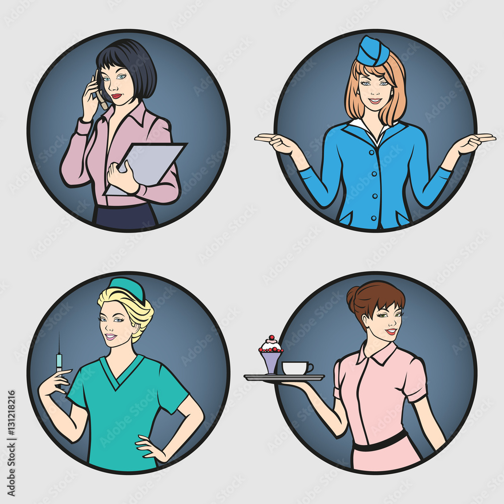 Set of women's professions . Female characters in different roles ...