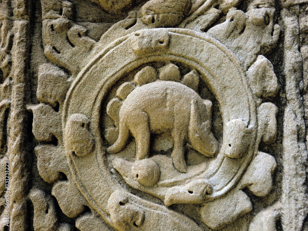 Angkor Wat stegosaurus carving in Siem Reap, Cambodia Stock Photo ...
