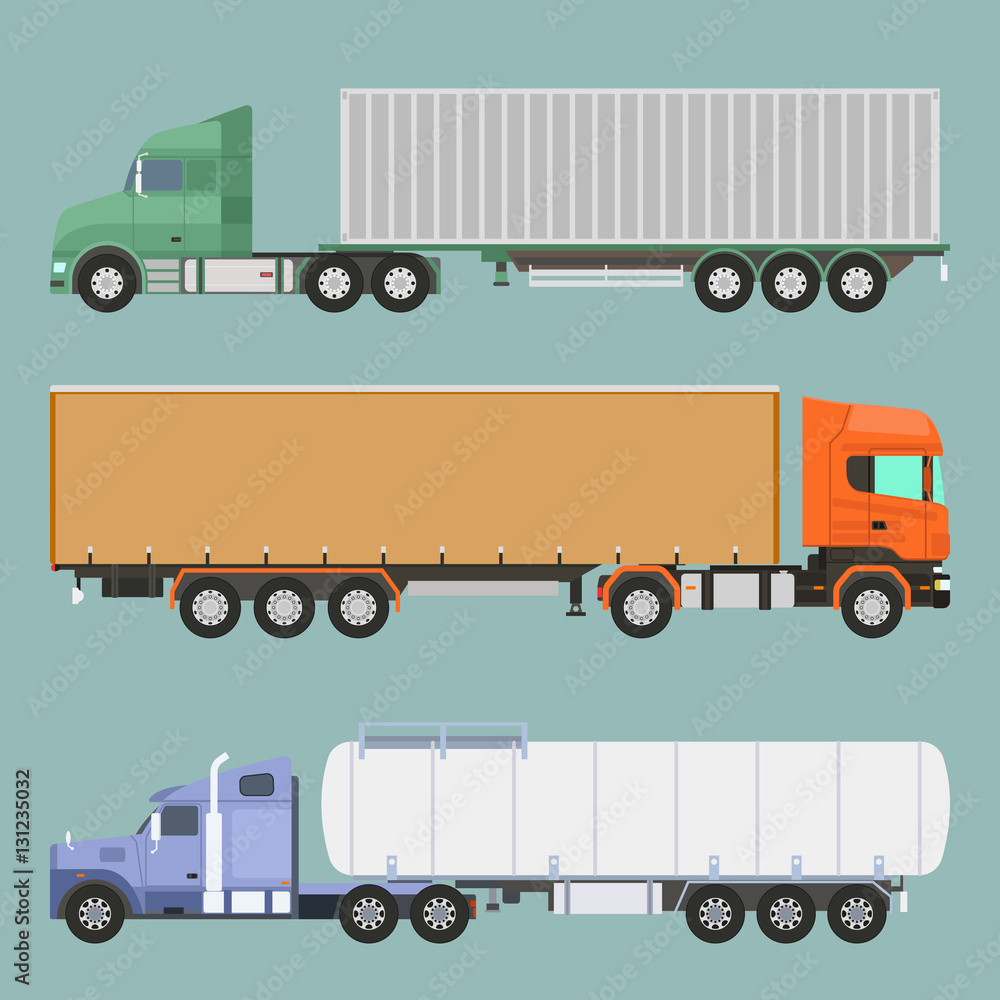 Vector illustration of a set of semi truck in flat style. Stock Vector ...