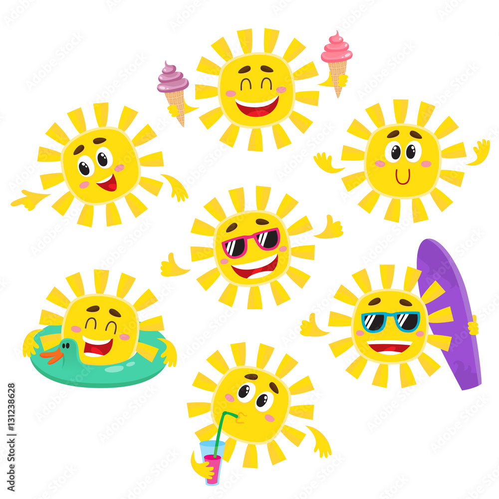 Set of happy sun characters with ice cream, drink, surfboard ...