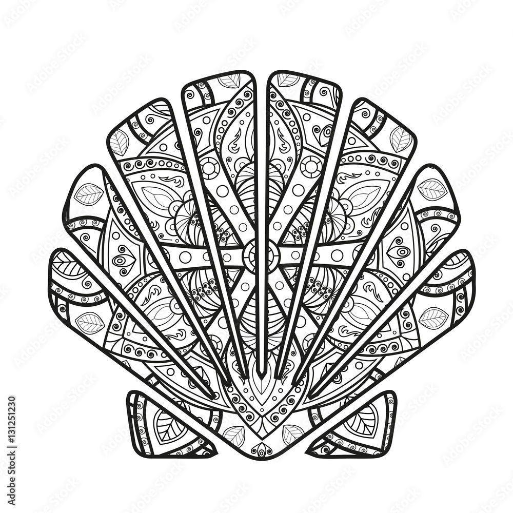 Vector illustration of a black and white shell mandala for coloring ...