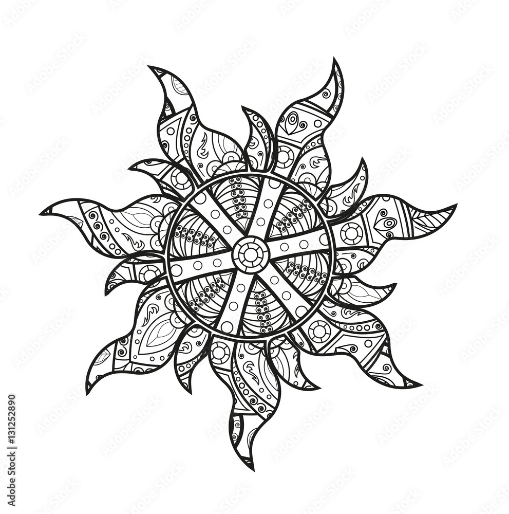 Vector illustration of a black and white mandala sun for coloring book ...