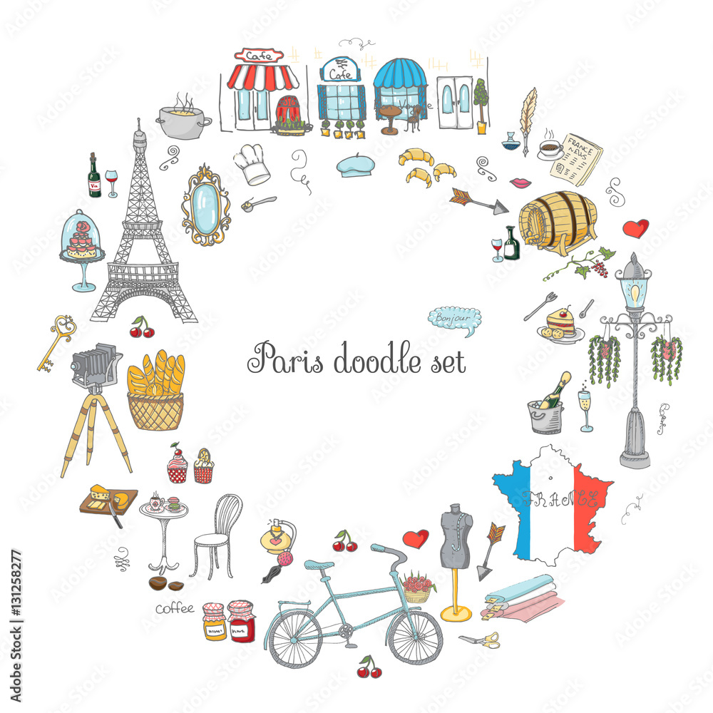 Set of hand drawn French icons, Paris sketch illustration, doodle ...