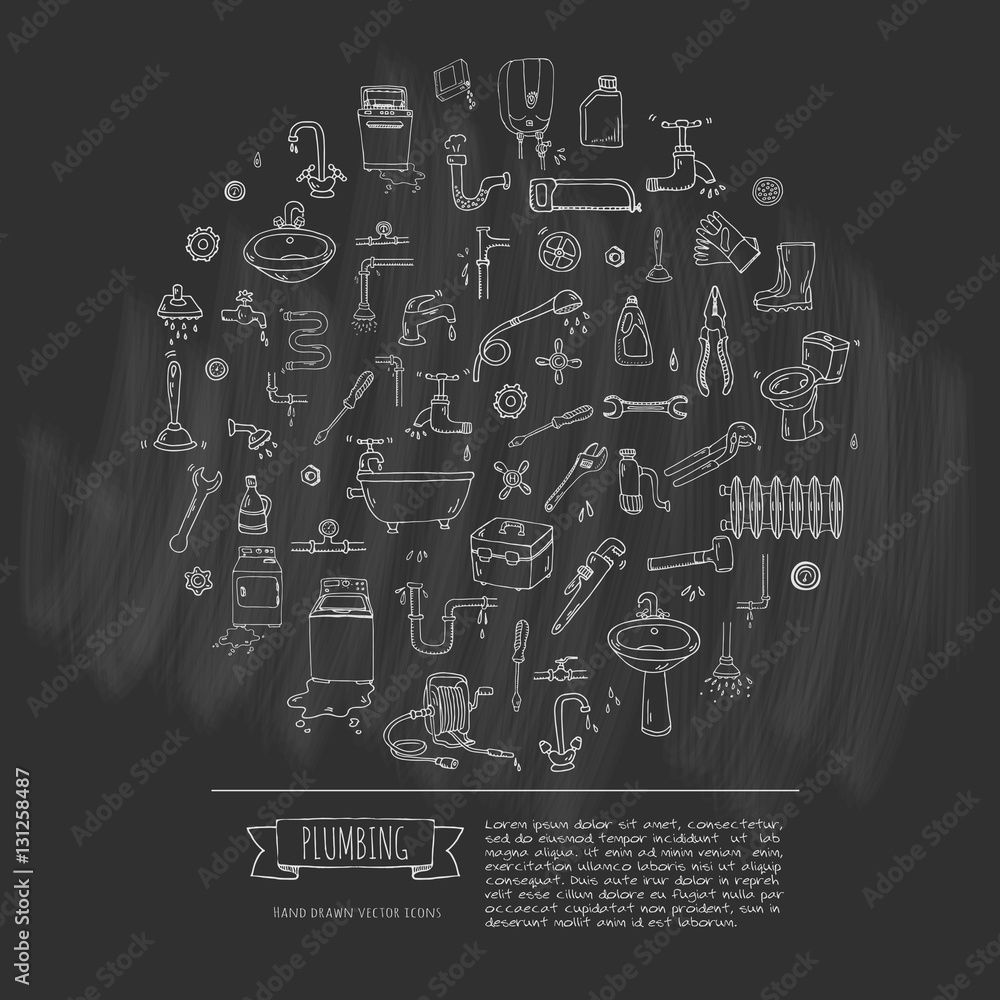 Hand drawn doodle Plumbing icons set. Vector illustration. Plumber ...
