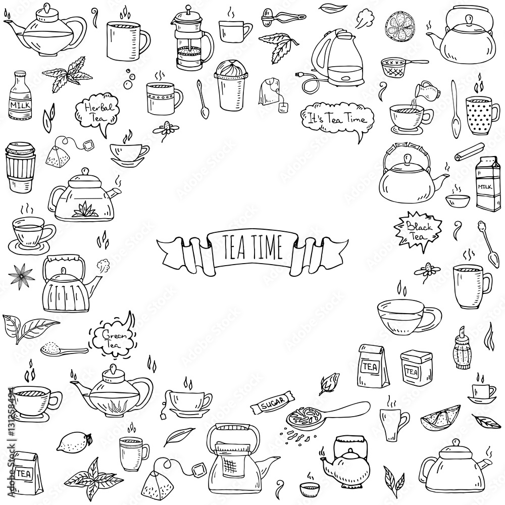 Hand drawn doodle Tea time icon set. Vector illustration. Isolated ...