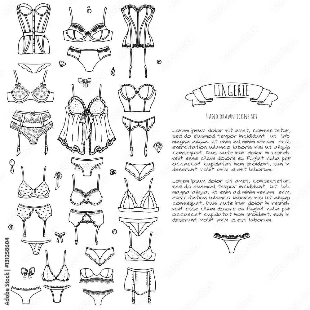 Hand Drawn Doodle Lingerie Icon Set Fashion Feminine Vector