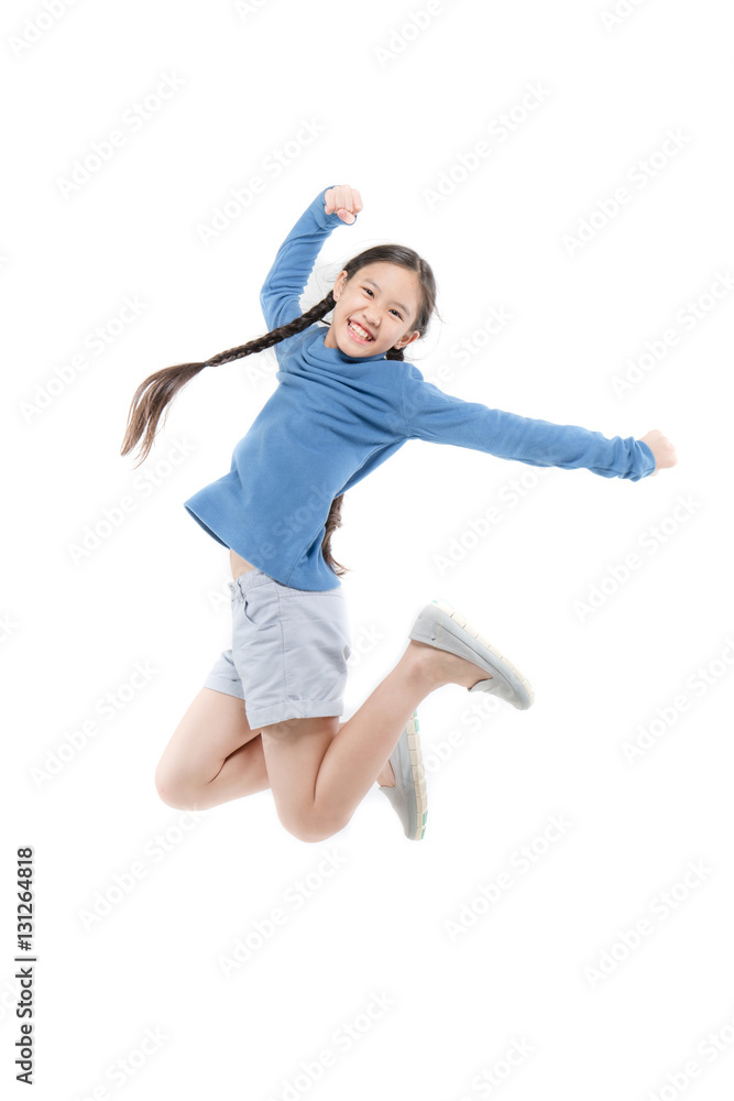 Portrait of happy little Asian child girl jumping isolated on white ...