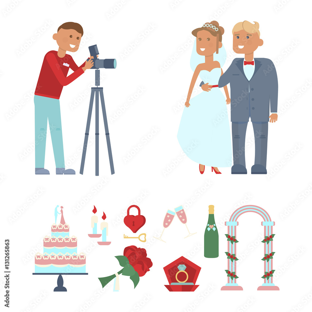 Set of wedding couple, photographer characters and icons for ...