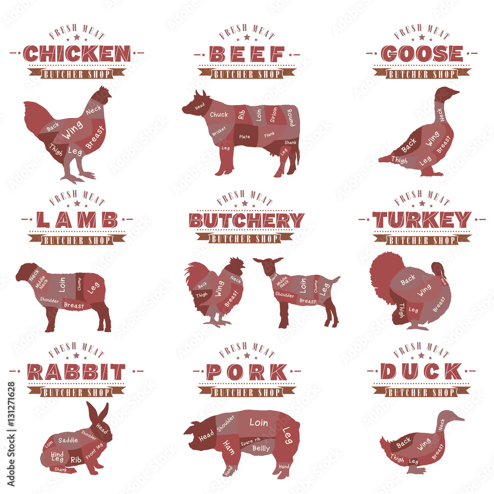 Meat label big collection. Butcher shop. Farm animals silhouette Stock ...