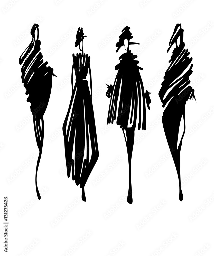 Fashion models sketch hand drawn , stylized silhouettes isolated ...