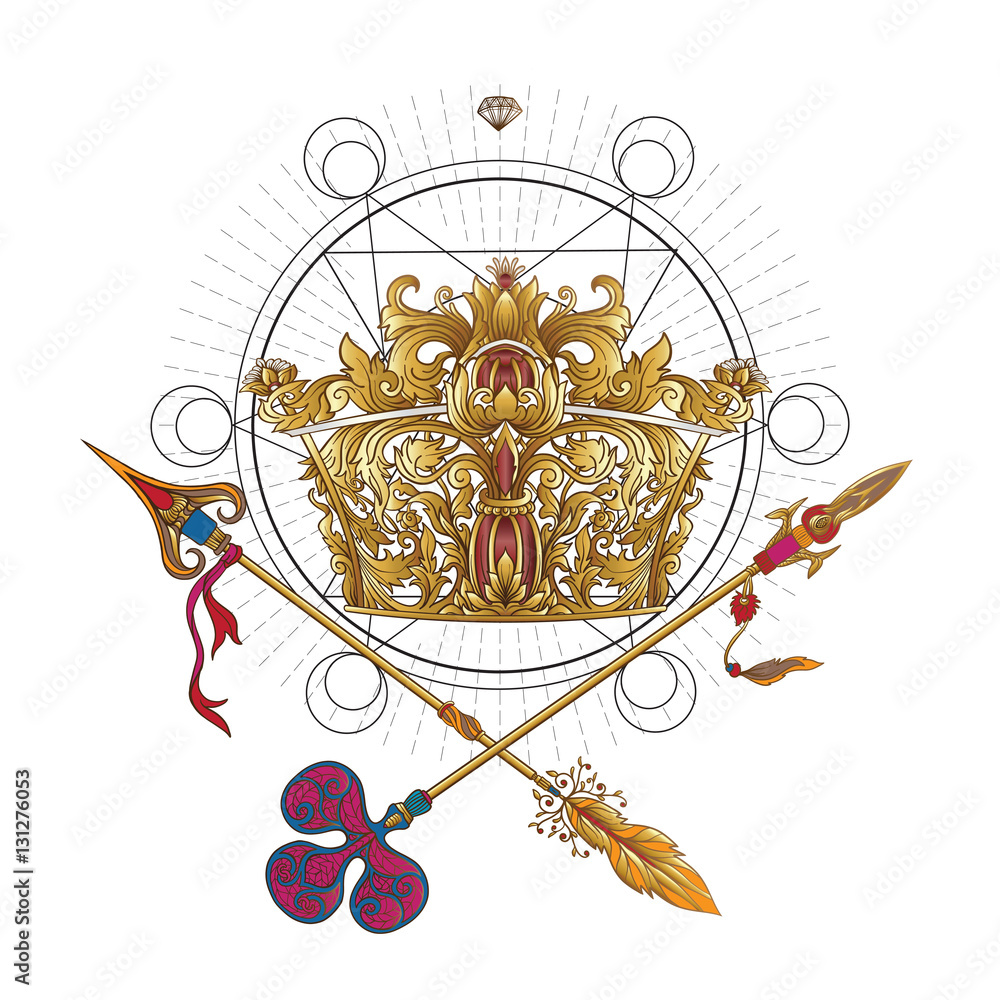 Golden royal crown and crossed swords with sacred geometry symbo Stock ...