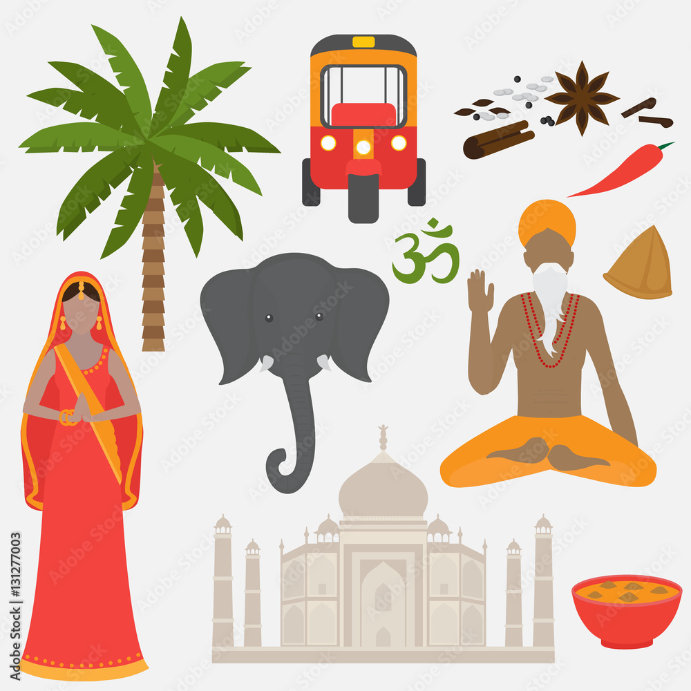 India set. Hinduism design elements. South Asia beautiful woman and man ...
