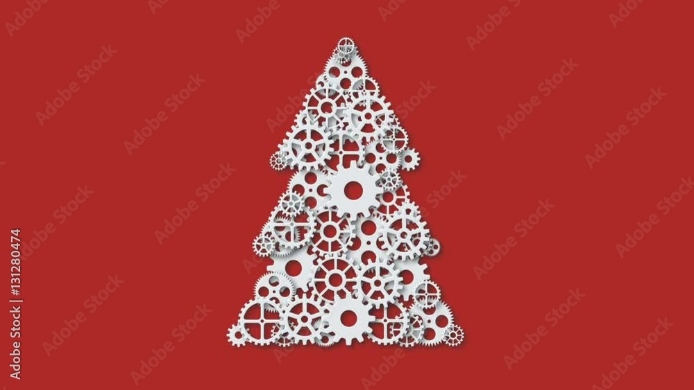 animation modern concept christmas tree and mechanism gears rotation ...